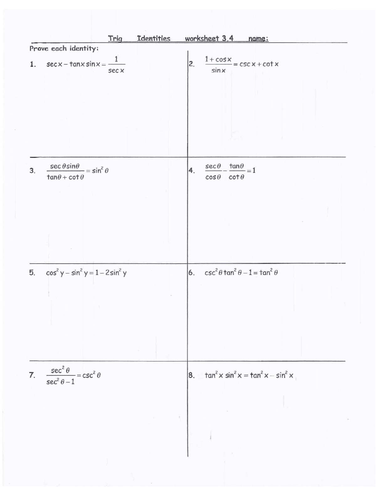 Precalculus Q2 - Trig Identities Worksheet 3.4 - Studocu