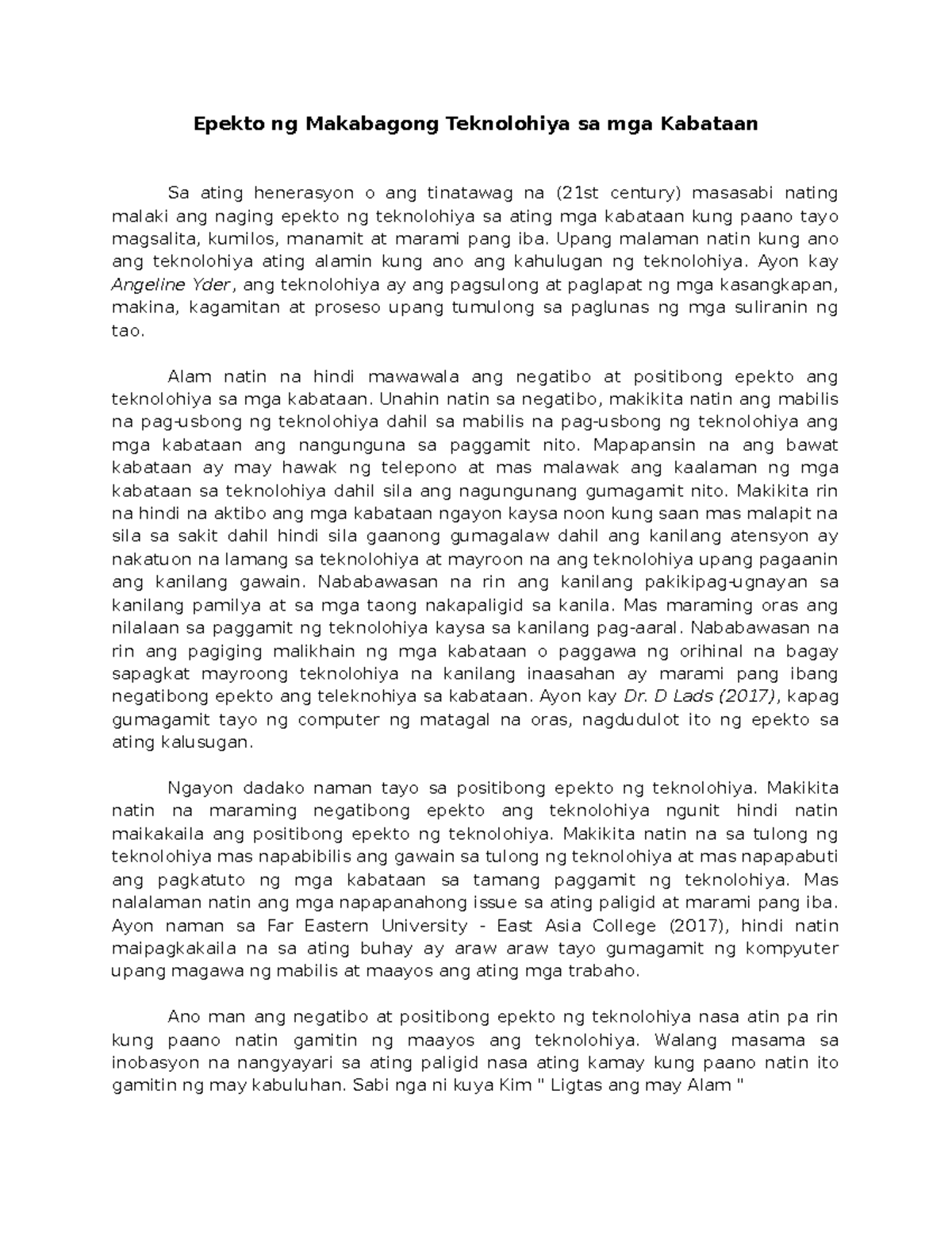 Epekto ng Makabagong Teknolohiya sa mga Kabataan: Positivo at Negatibo - Studocu