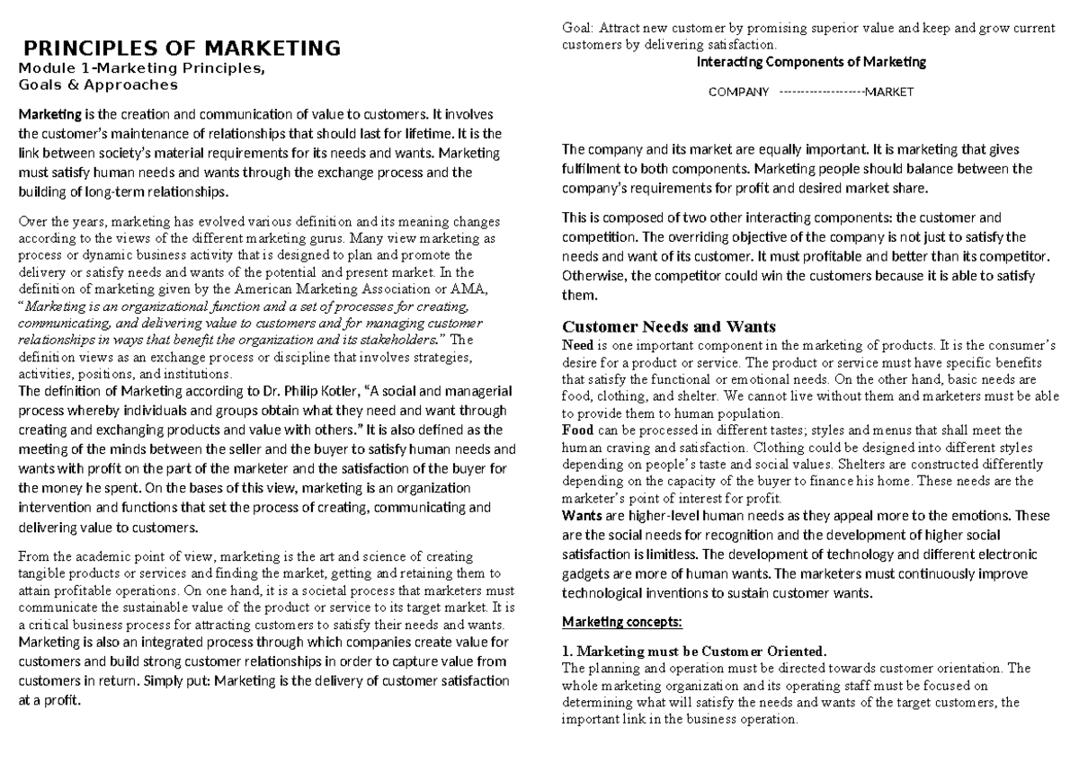 MOD 1 - (Principles of Marketing summaries) - PRINCIPLES OF MARKETING Module 1-Marketing ...