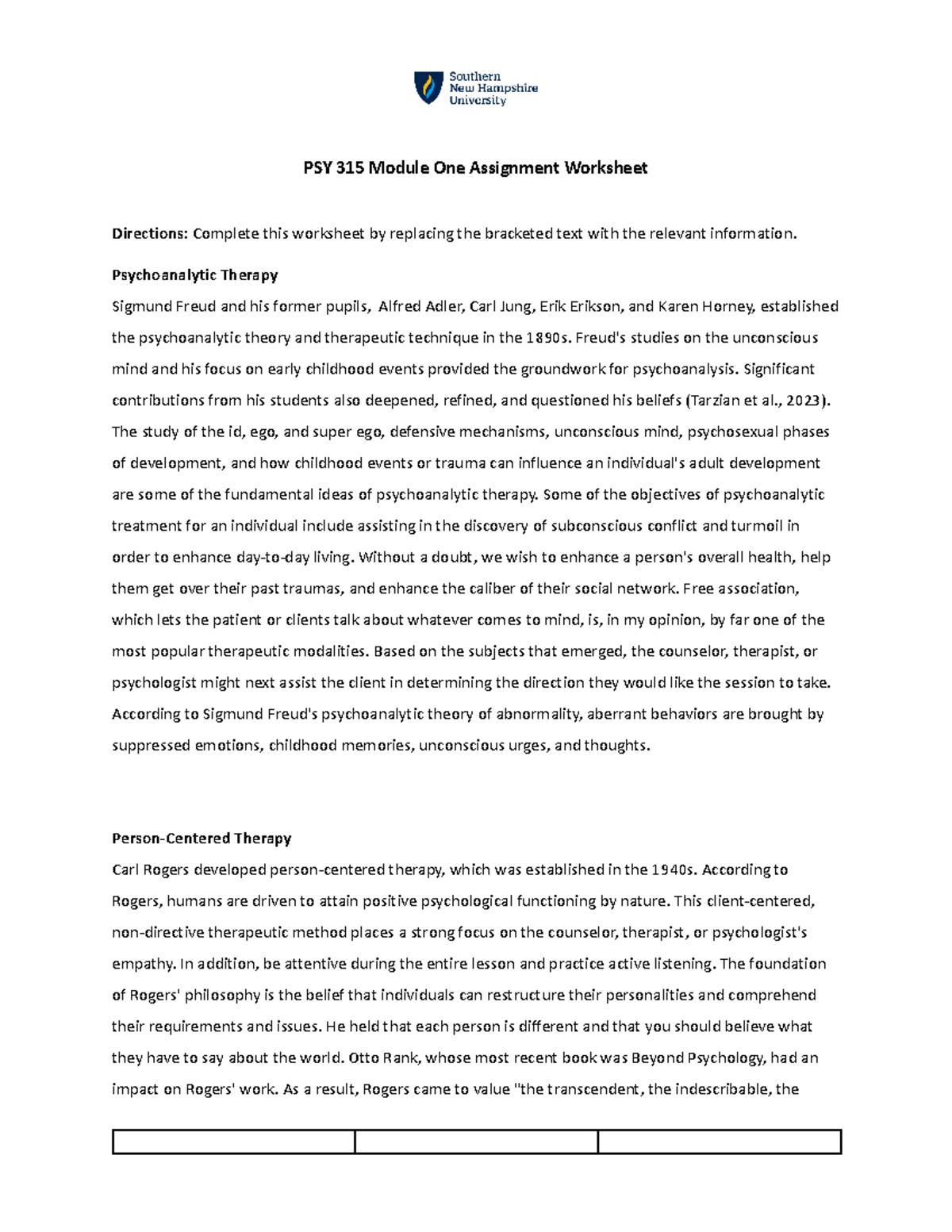 PSY 315 Module One Therapy Approaches Assignment Worksheet - Studocu