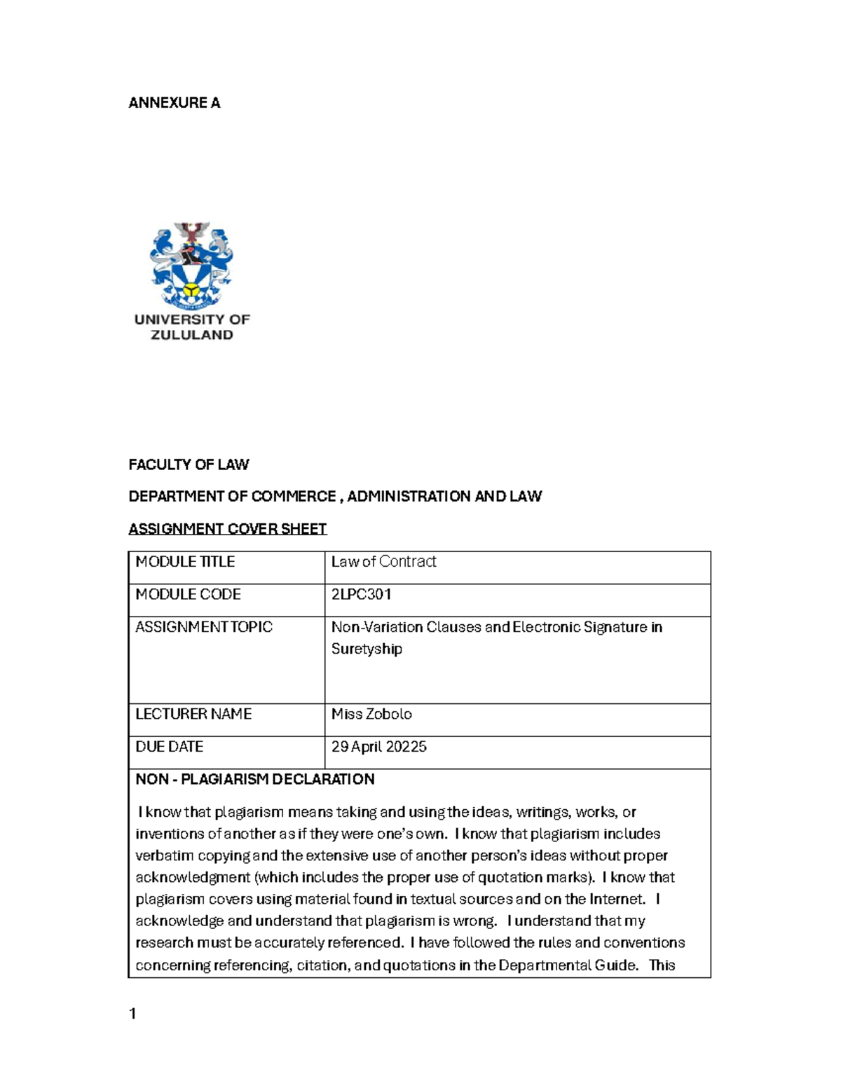 2LPC301 Assignment: Clauses & Electronic Signatures in Suretyship - Studocu
