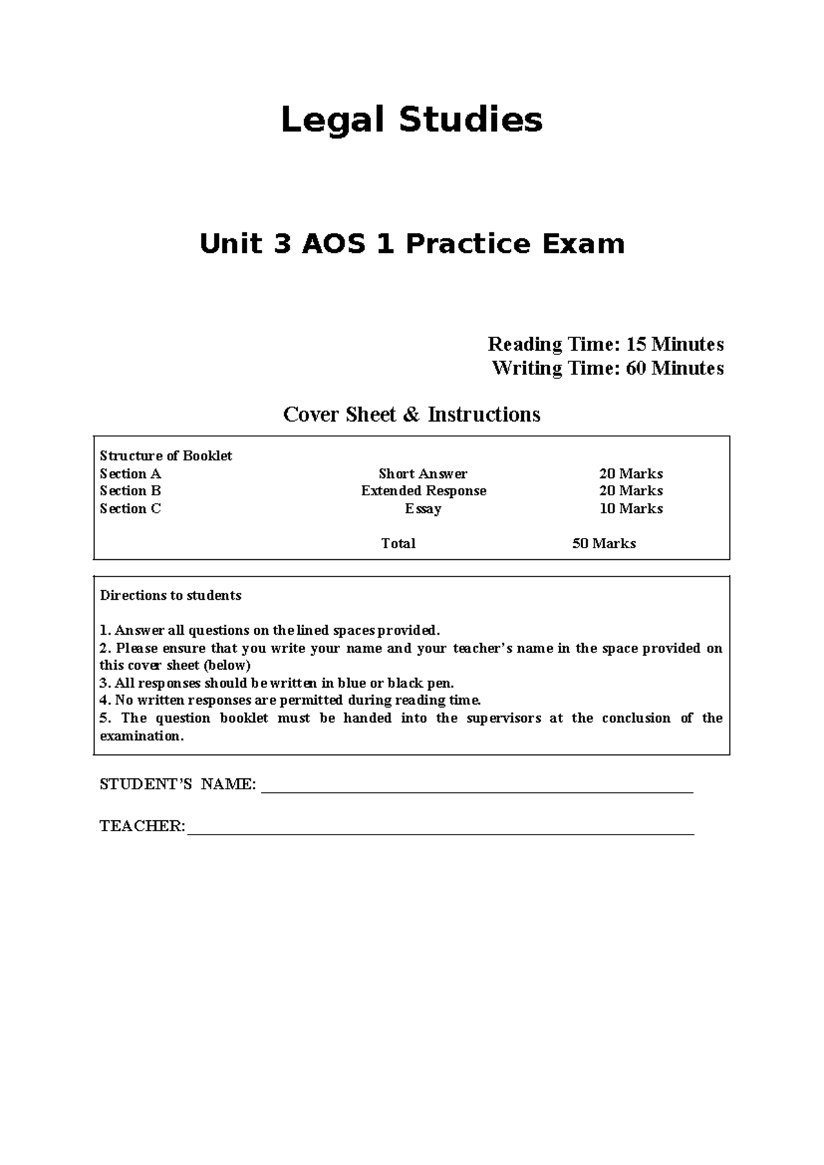 AOS1 Practice Exam - ewzrxctyvubhnkj - Legal Studies Unit 3 AOS 1 ...
