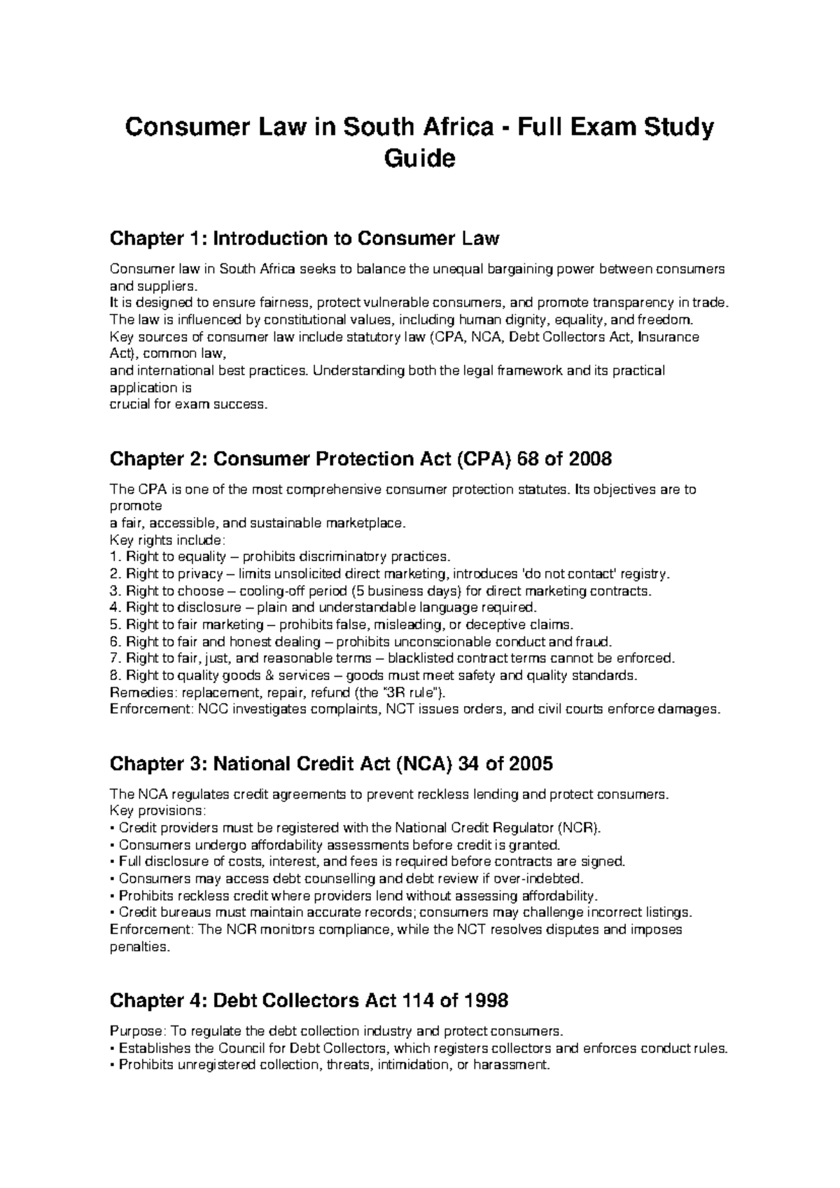 Consumer Law in South Africa: Comprehensive Exam Study Guide - Studocu