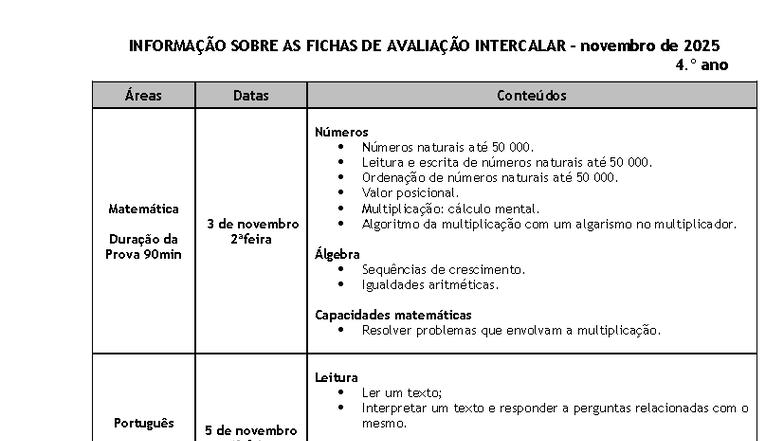 Fichas de Avaliação Intercalar 1S - 4.º Ano (Matemática e Português ...