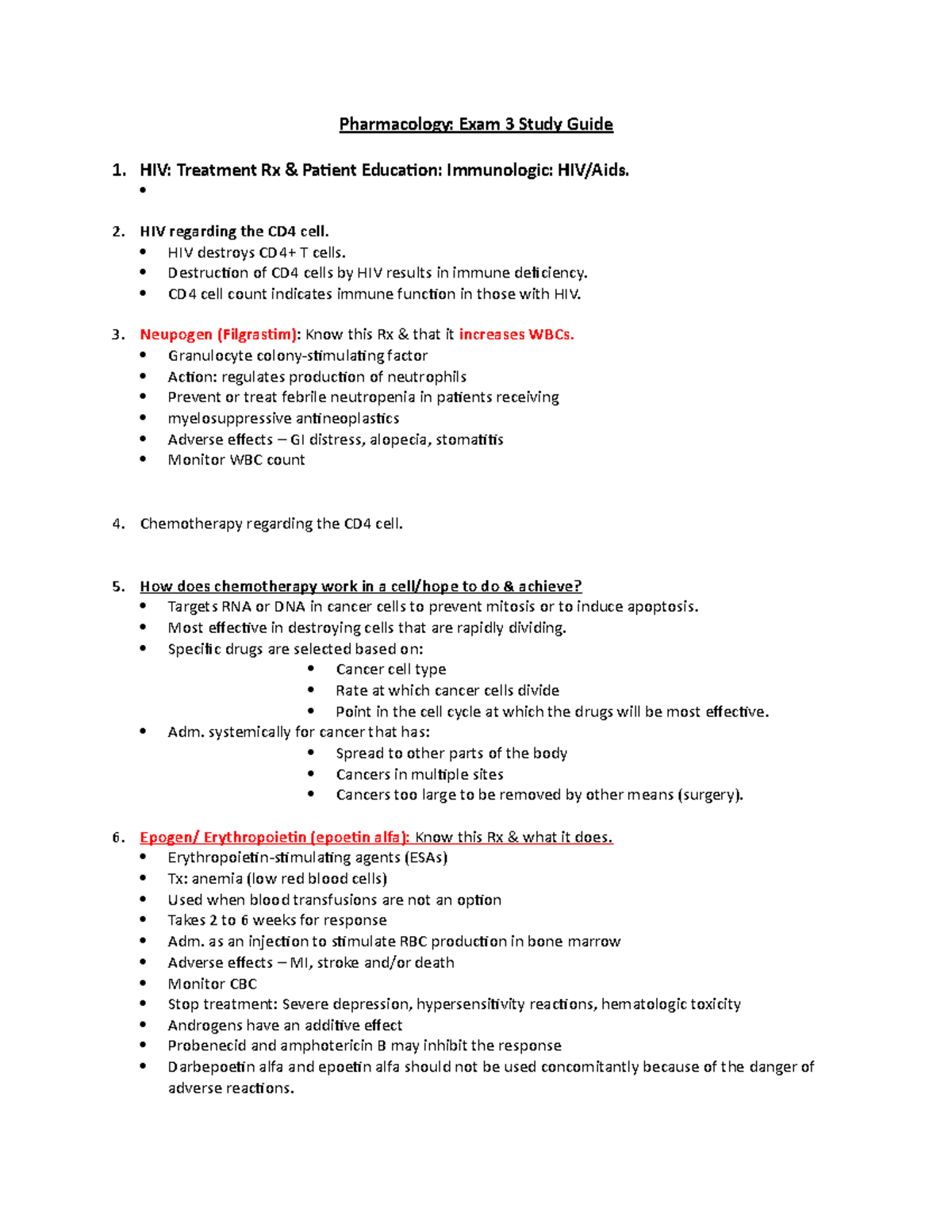 Pharm Exam 3 SG - Pharmacology: Exam 3 Study Guide 1. HIV: Treatment Rx ...