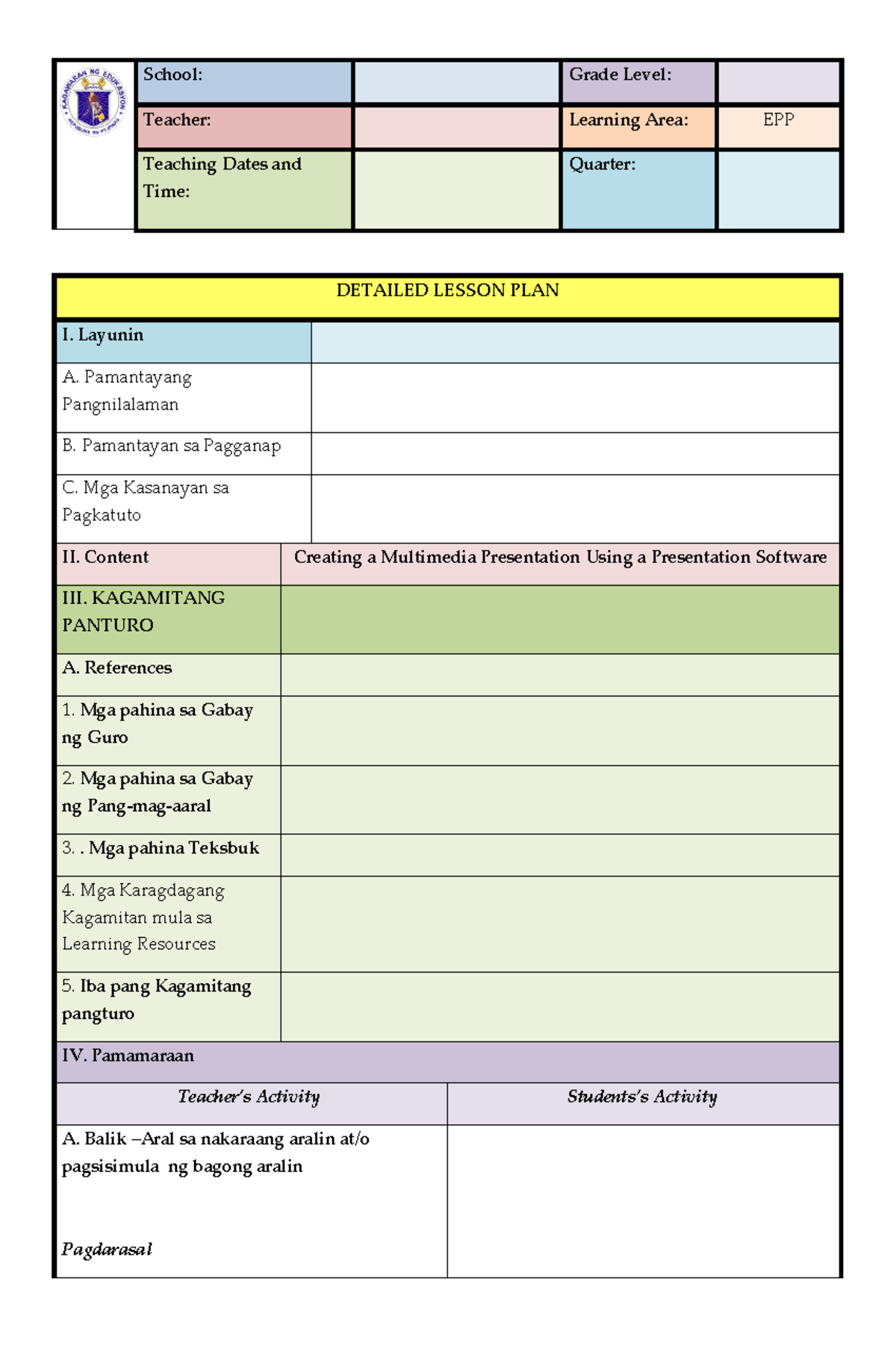 Detailed lesson plan template for EPP (Tagalog) - Studocu