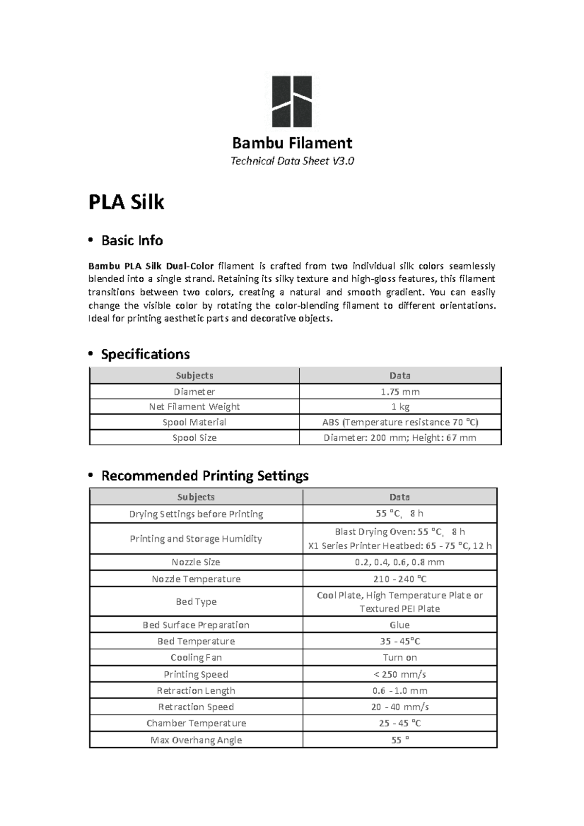 Bambu PLA Silk Dual Color Technical Data Sheet - Bambu Filament ...