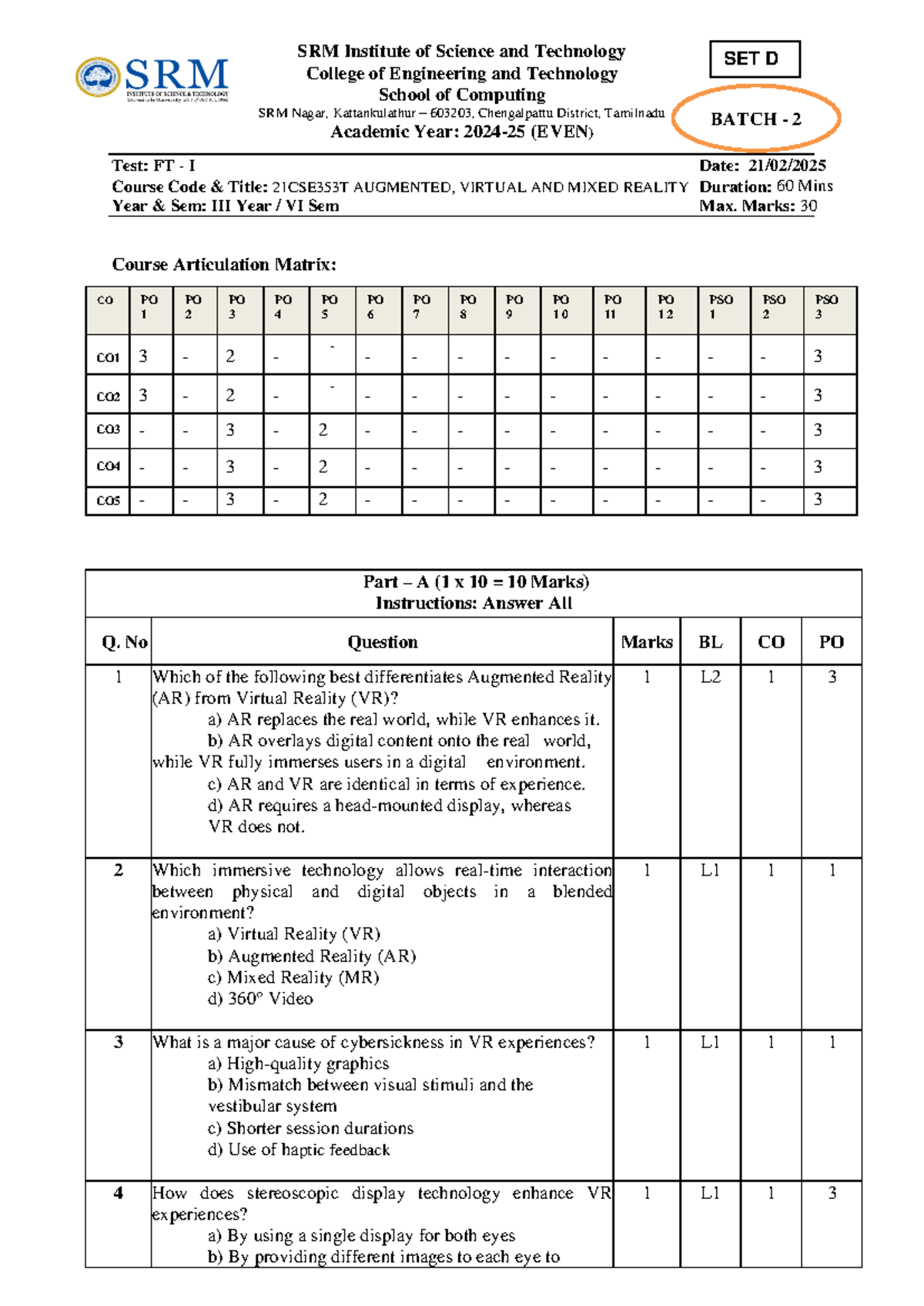 21CSE353T FT I Augmented, Virtual & Mixed Reality Test Paper - Studocu