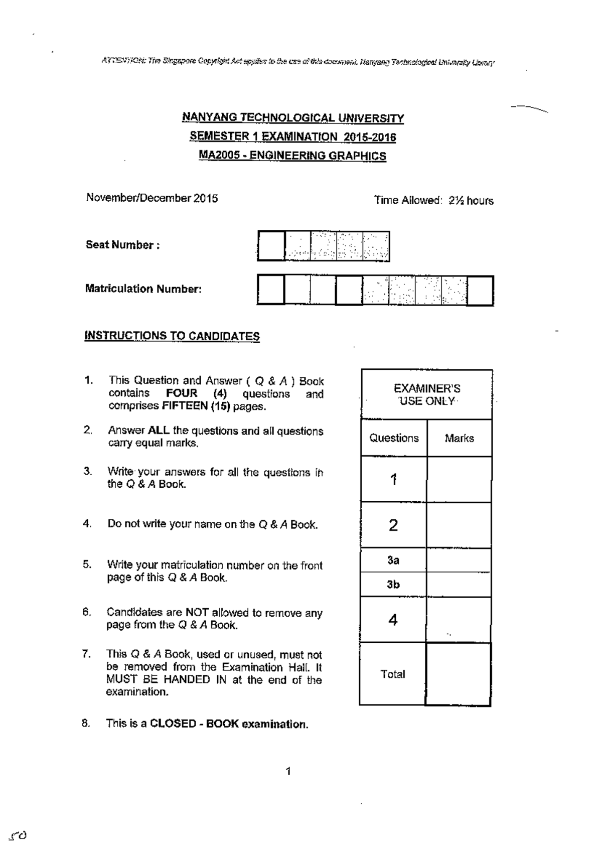 MA2005 Engineering graphics past year papers and exam instructions ...