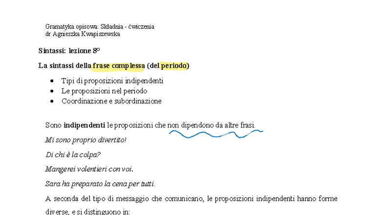 Gramatyka opisowa: Składnia ćwiczenia - Frase Complessa (Sintassi ...