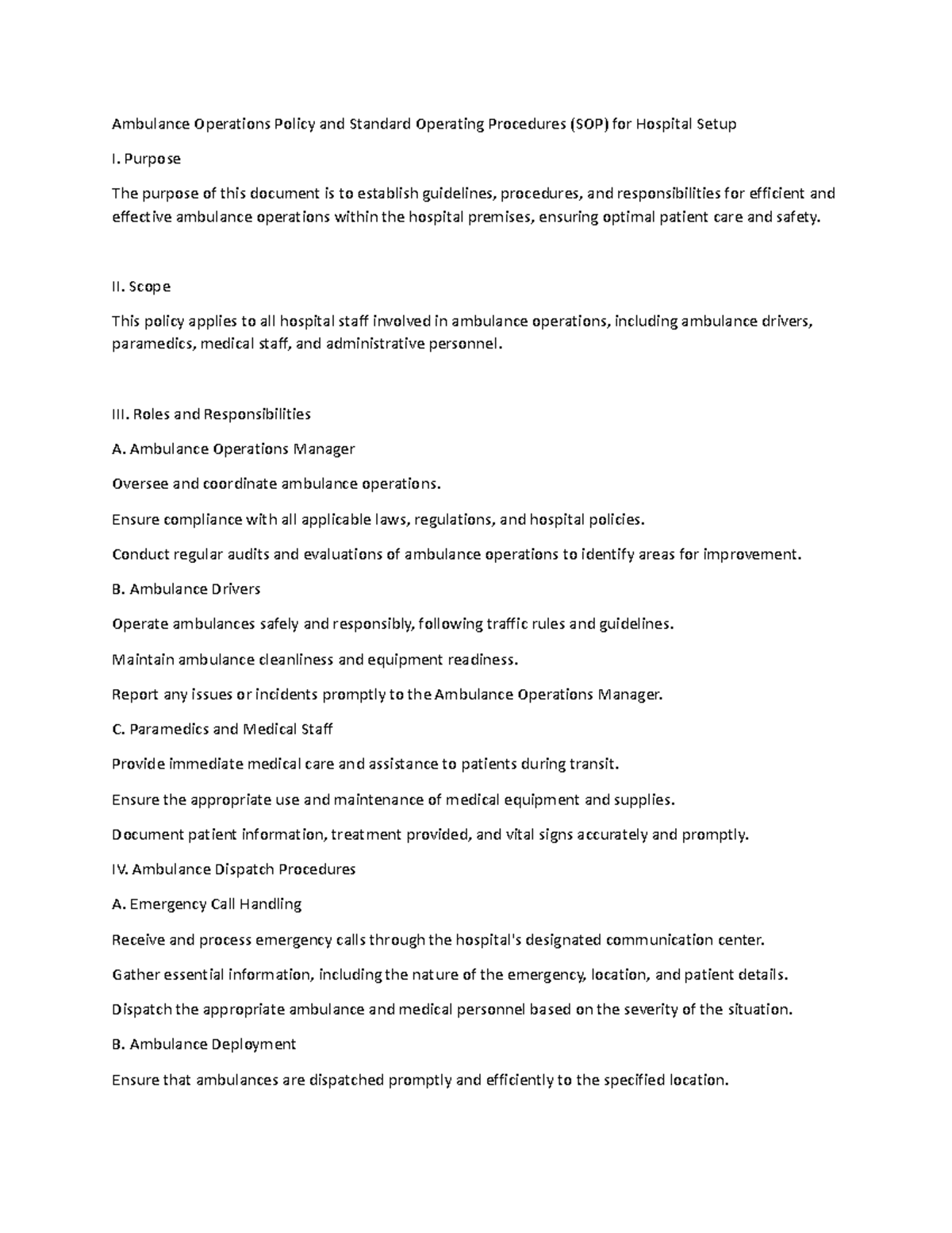 Ambulance Operations SOP: Policy Guidelines for Hospital Staff - Studocu
