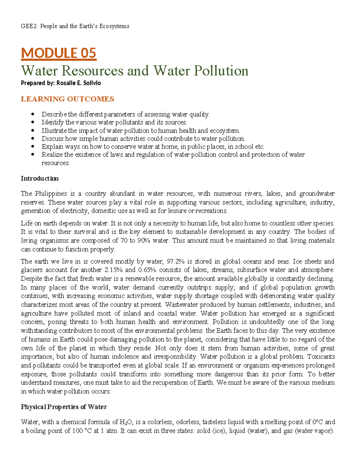 GEE2: Module 05 Water Resources & Pollution Overview and Insights - Studocu