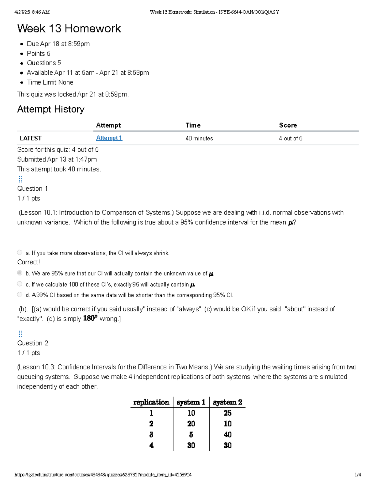 Week 13 Homework Simulation - ISYE-6644-OAN O01 Questions and Answers ...