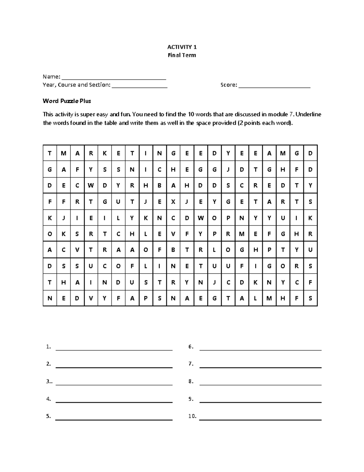 Activity 1 - Final Term: Word Puzzle Challenge - Studocu