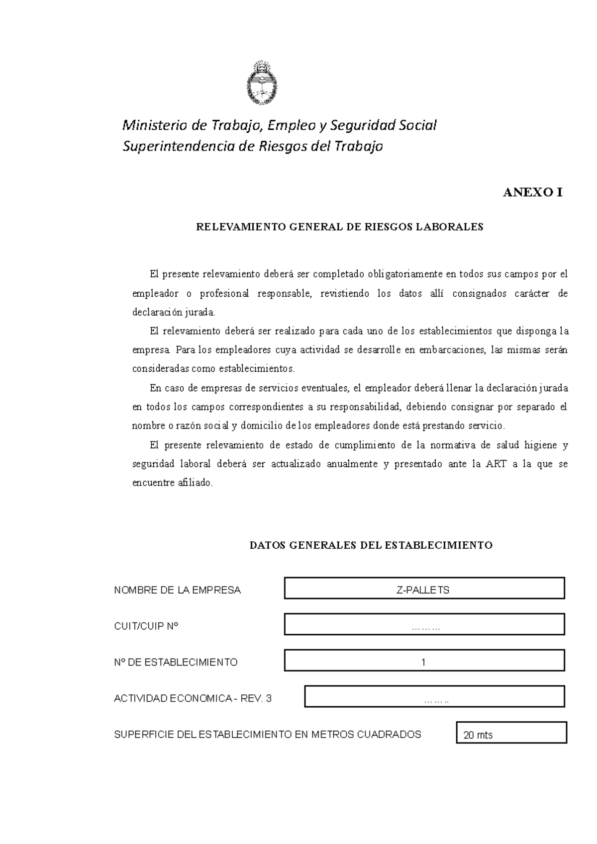 Planilla - relevamiento general de riesgos laborales - Superintendencia ...