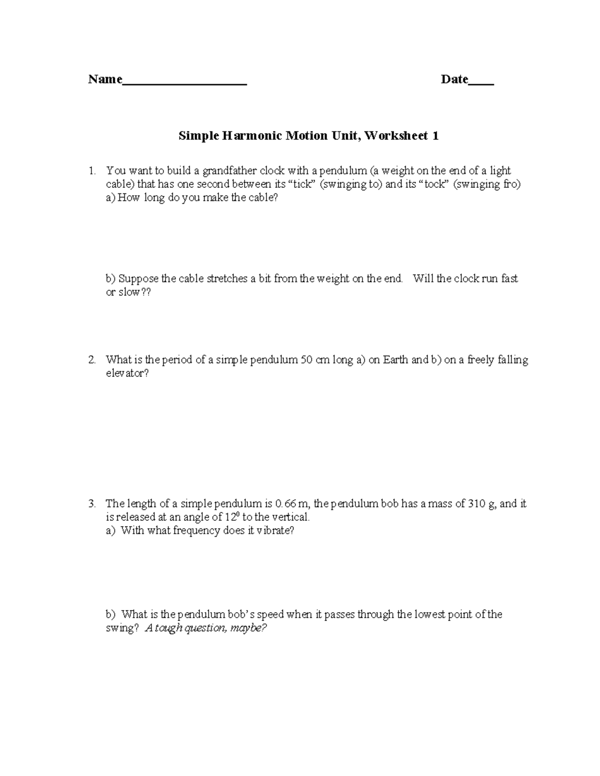 SHM 1: Simple Harmonic Motion Worksheet & Problems - Studocu