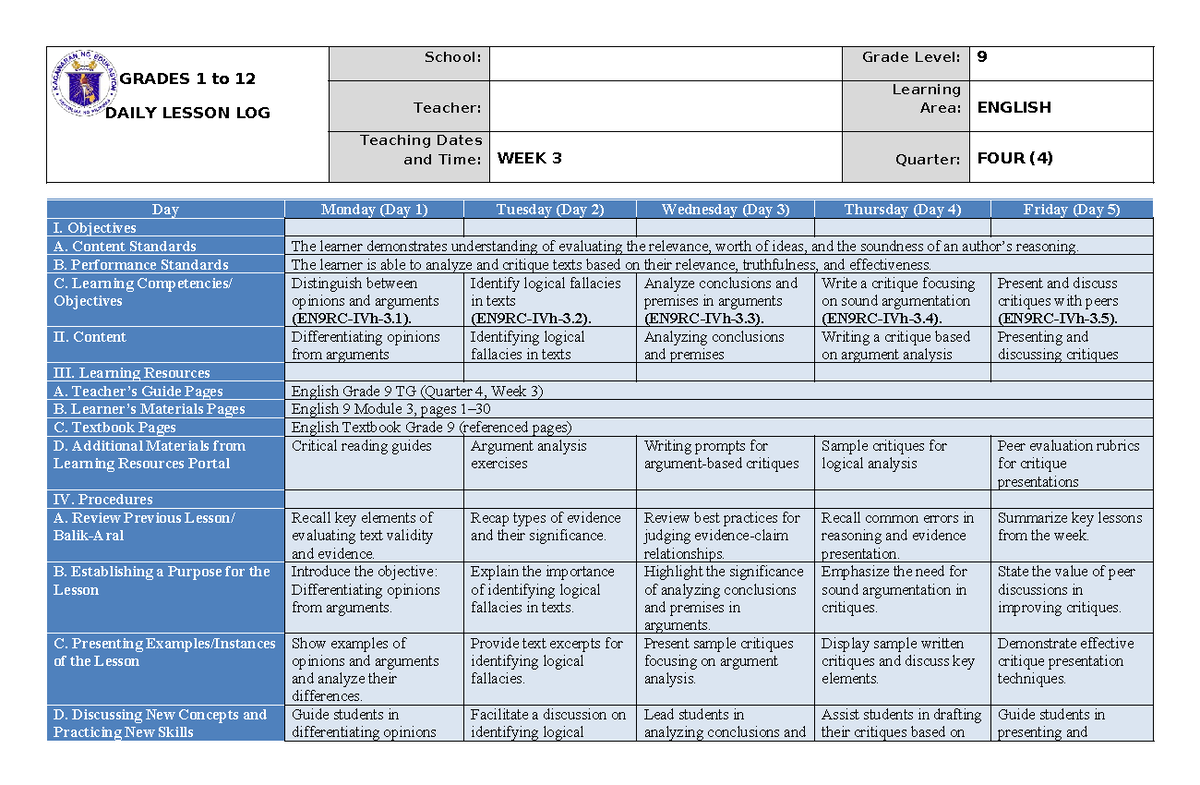 Q4 DLL-G9-WEEK-3 - DLL - GRADES 1 to 12 DAILY LESSON LOG School: Grade ...