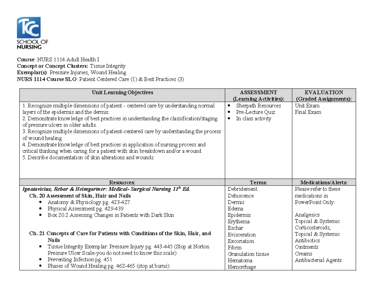 NURS 1114 Adult Health I: Tissue Integrity & Wound Care Overview - Studocu
