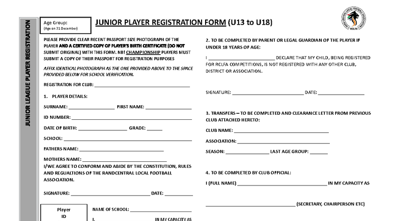 RCLFA Junior Player Registration Form (U13-U18) - Studocu