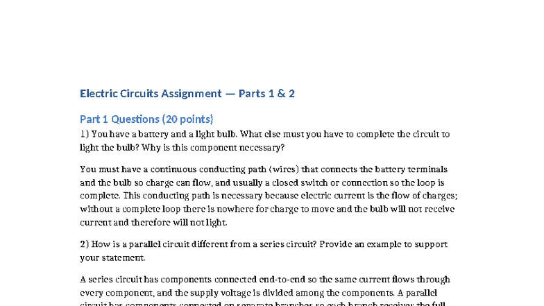 Electric Circuits Assignment: Parts 1 & 2 Analysis and Design - Studocu