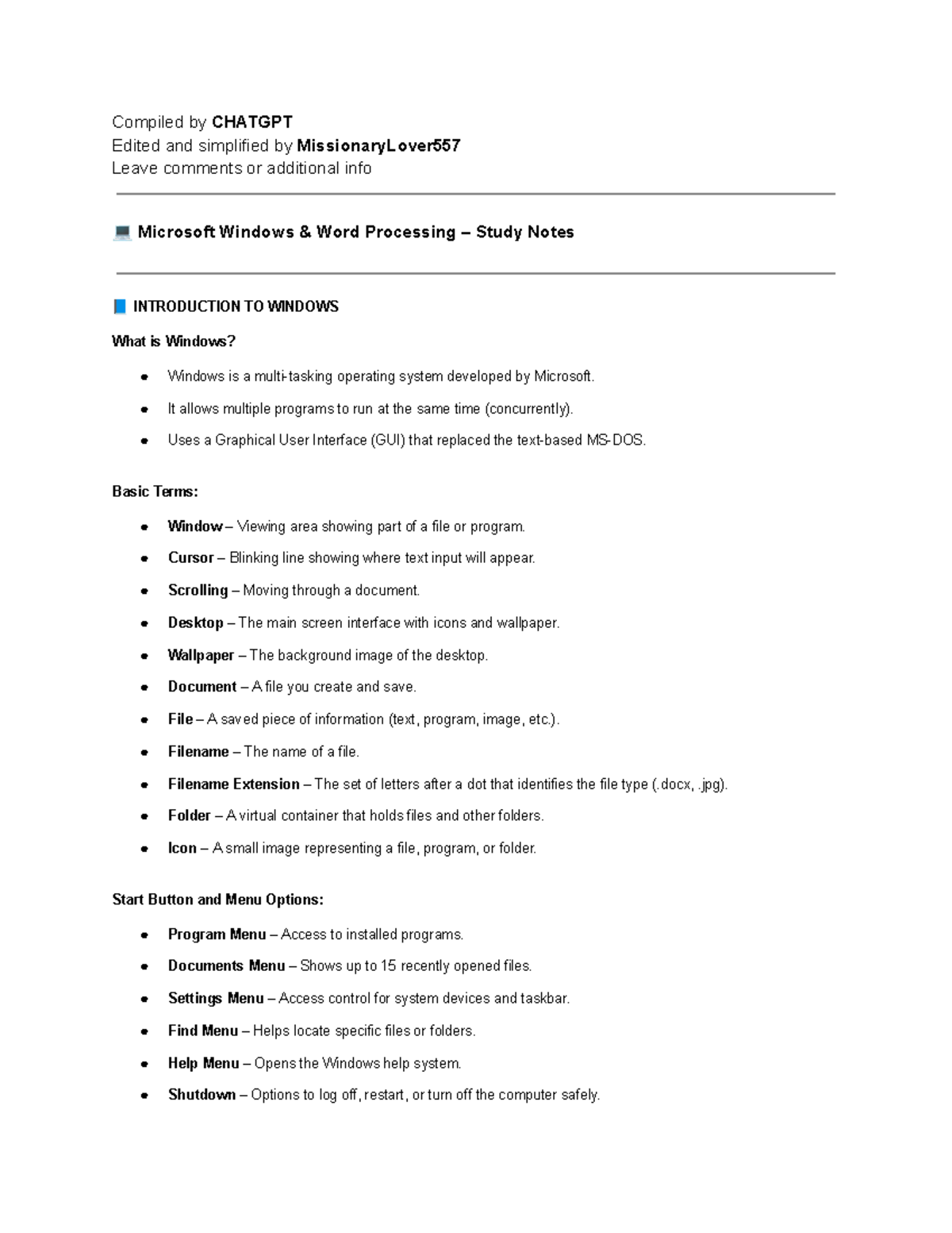 Windows Word Processing Study Notes: Introduction to Windows (COMP 101 ...