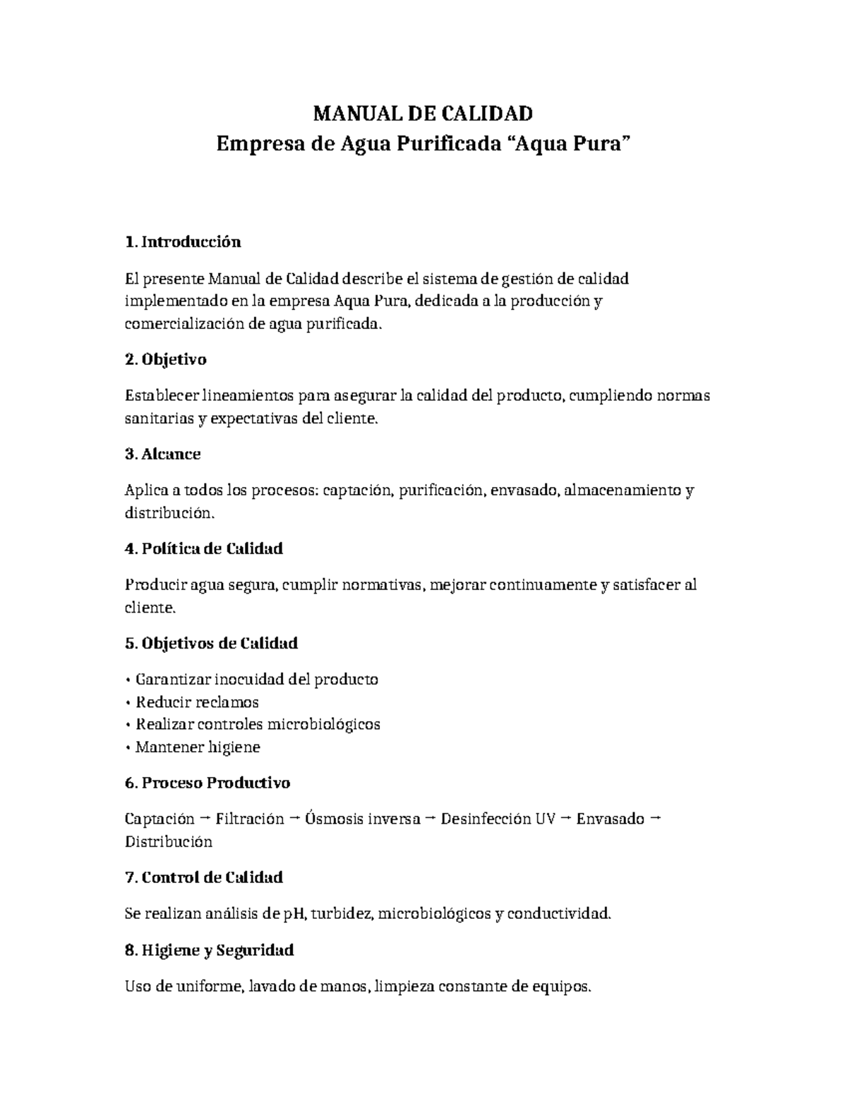 Manual de Calidad - Aqua Pura: Sistema de Gestión y Control - Studocu