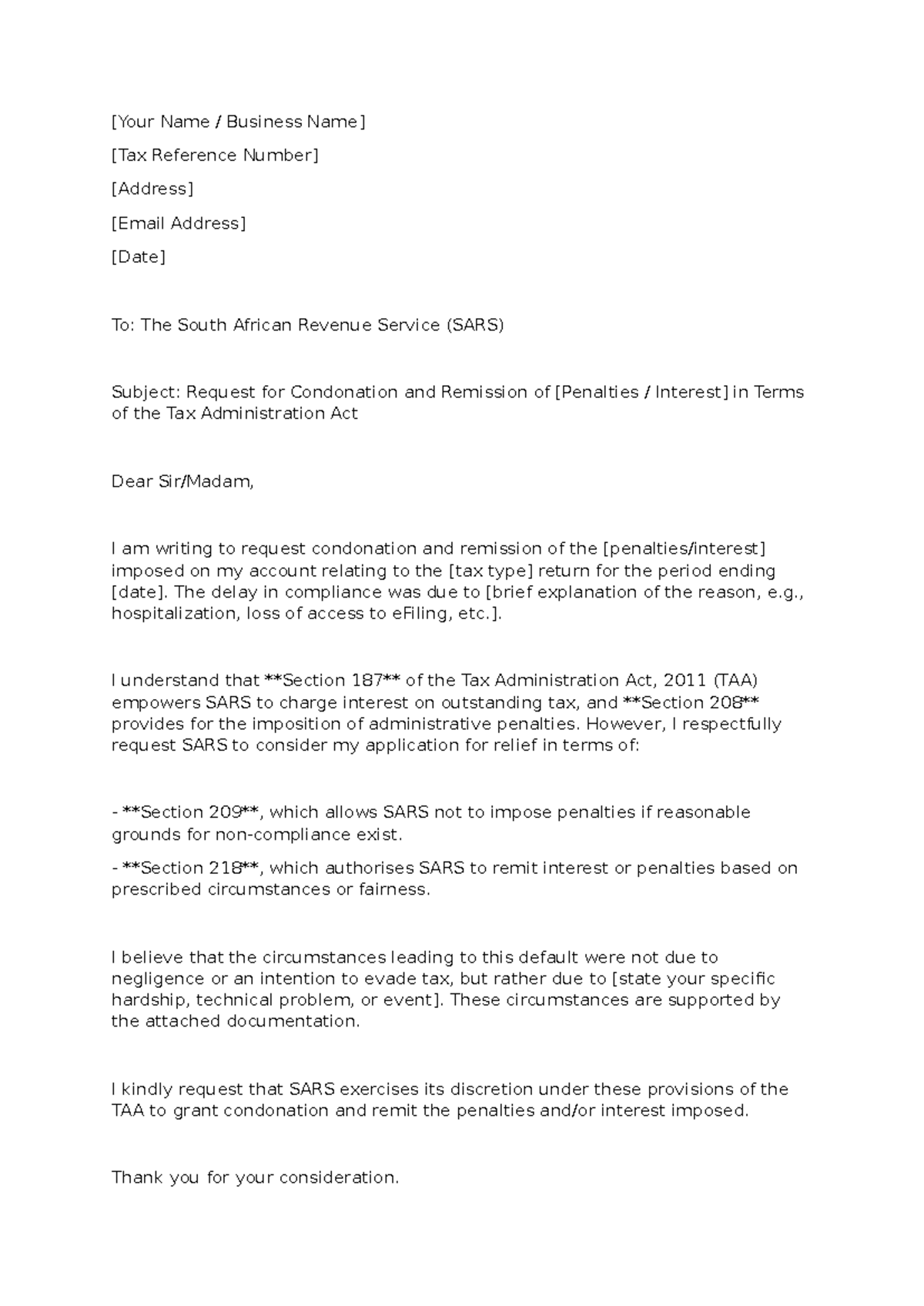 SARS Condonation Request: Tax Administration Act Relief Application ...