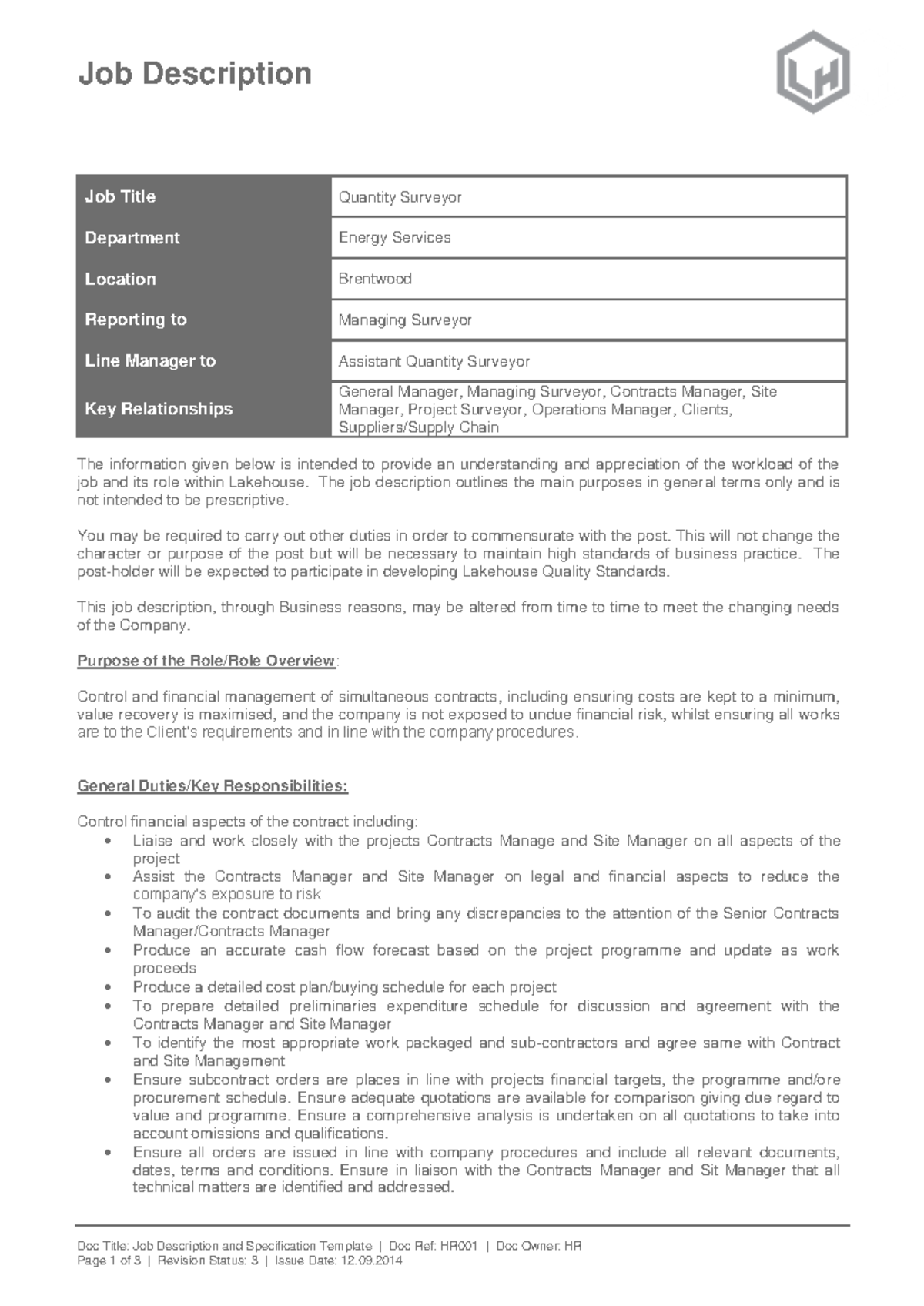 Job Description Template for Quantity Surveyor (HR001) - Studocu