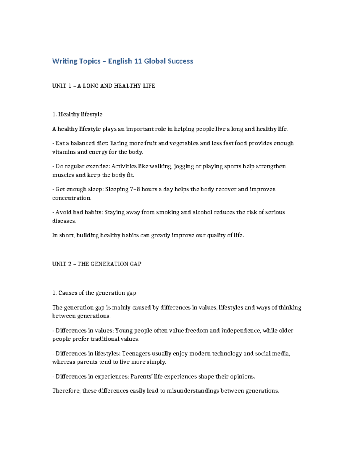 English 11 Global Success: Writing Topics & Key Concepts - Studocu
