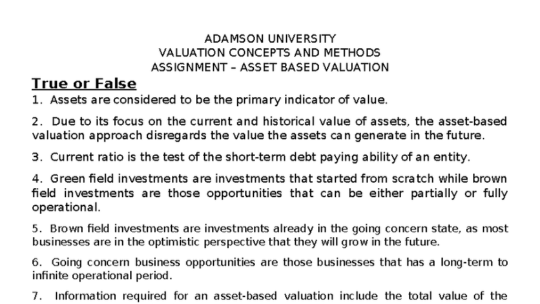 ADAMSON UNIVERSITY (02A) Assignment: Asset Based Valuation True/False Key - Studocu