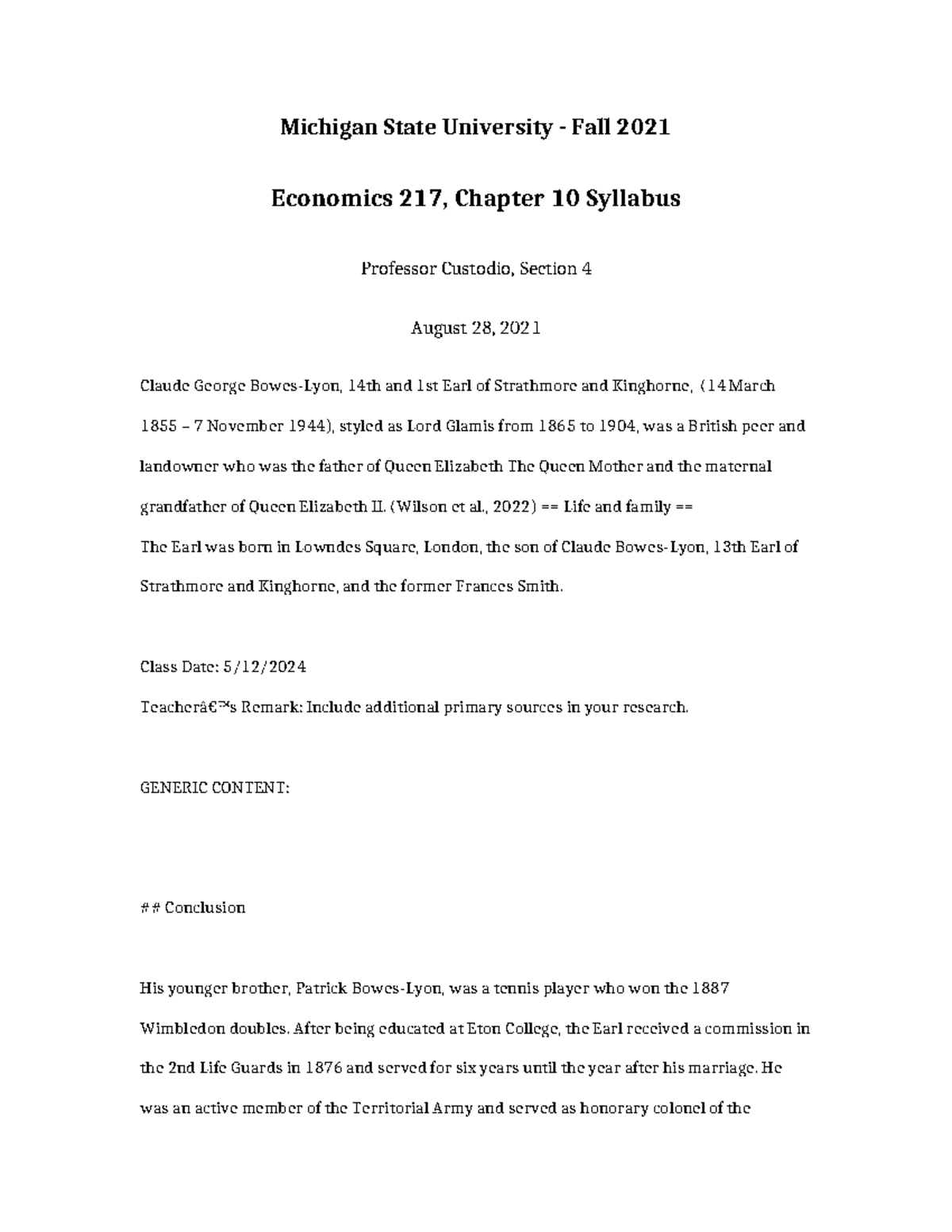 Economics 217 Chapter 10 Syllabus - Michigan State University - Fall ...