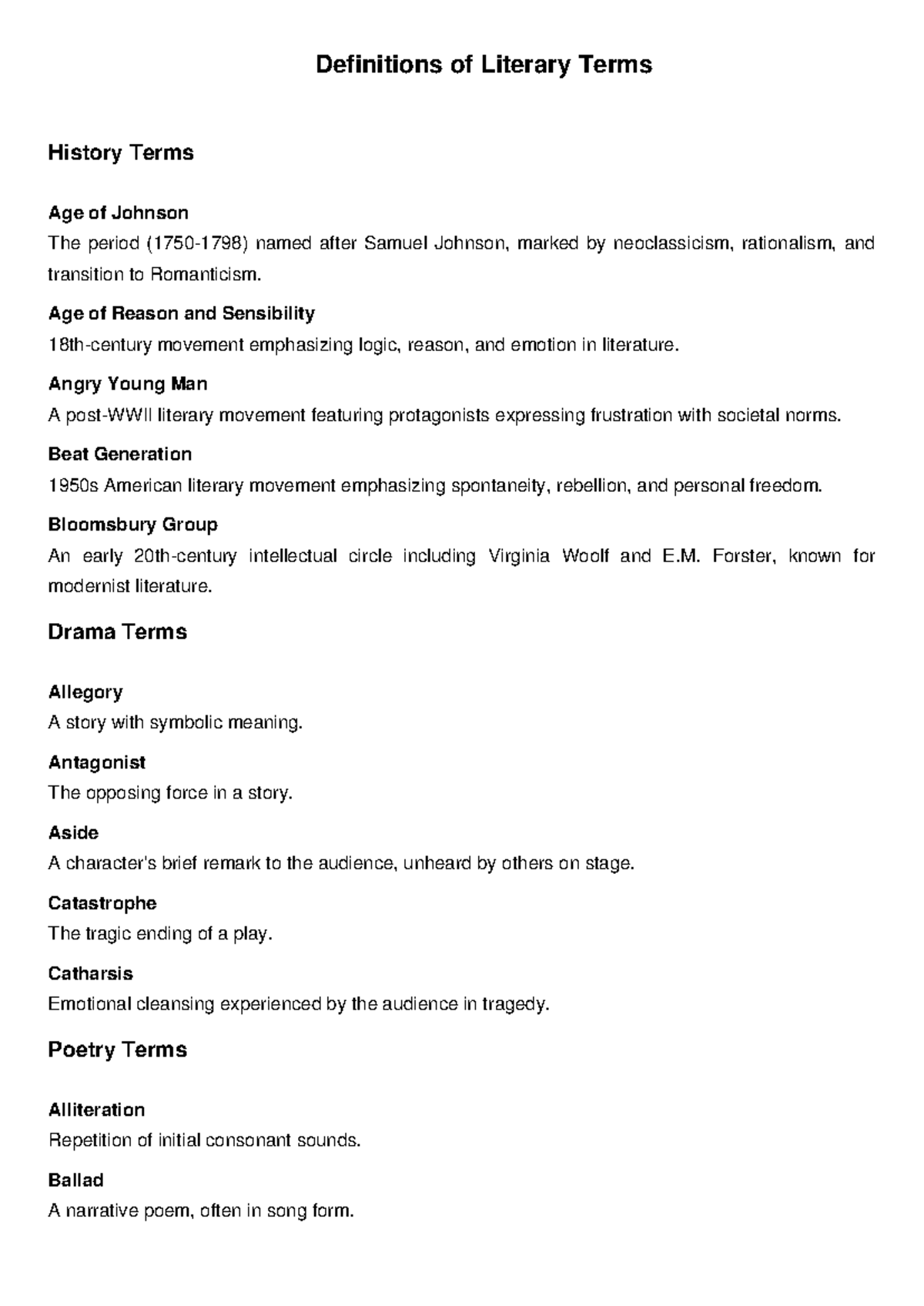 Literary Terms Definitions - Definitions of Literary Terms History ...