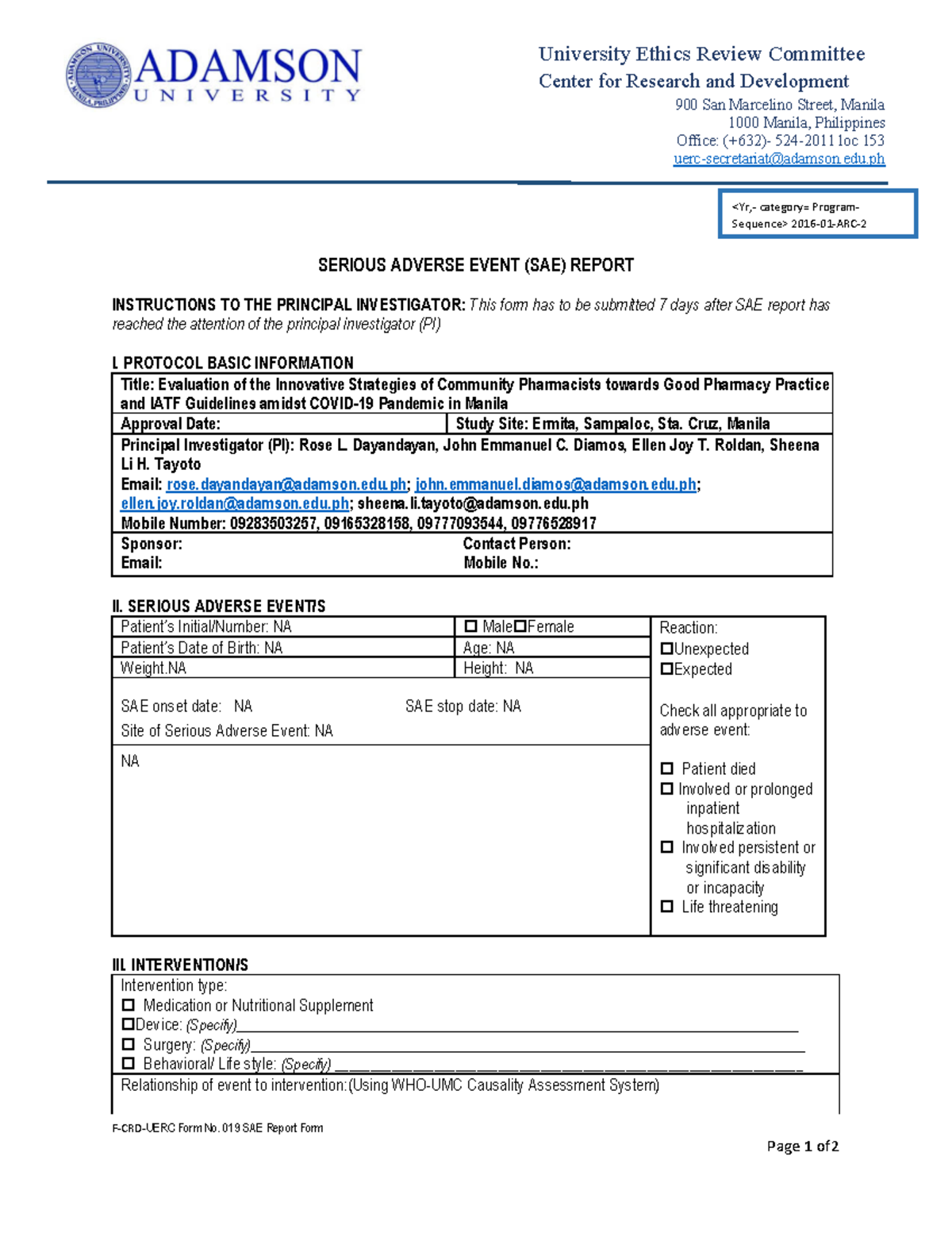 SAE Report Form: Evaluation of Community Pharmacists' Strategies - Studocu
