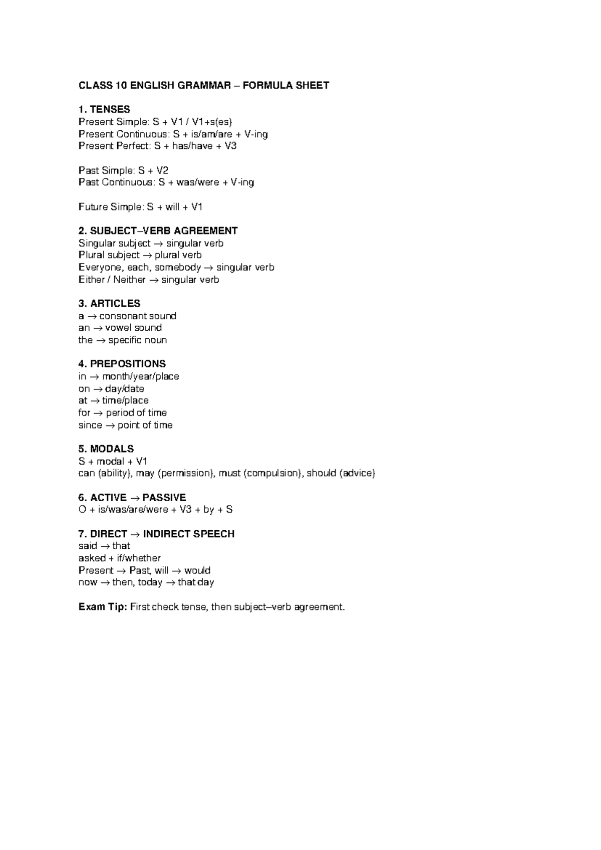 Class 10 English Grammar Formula Sheet: Tenses & More - Studocu