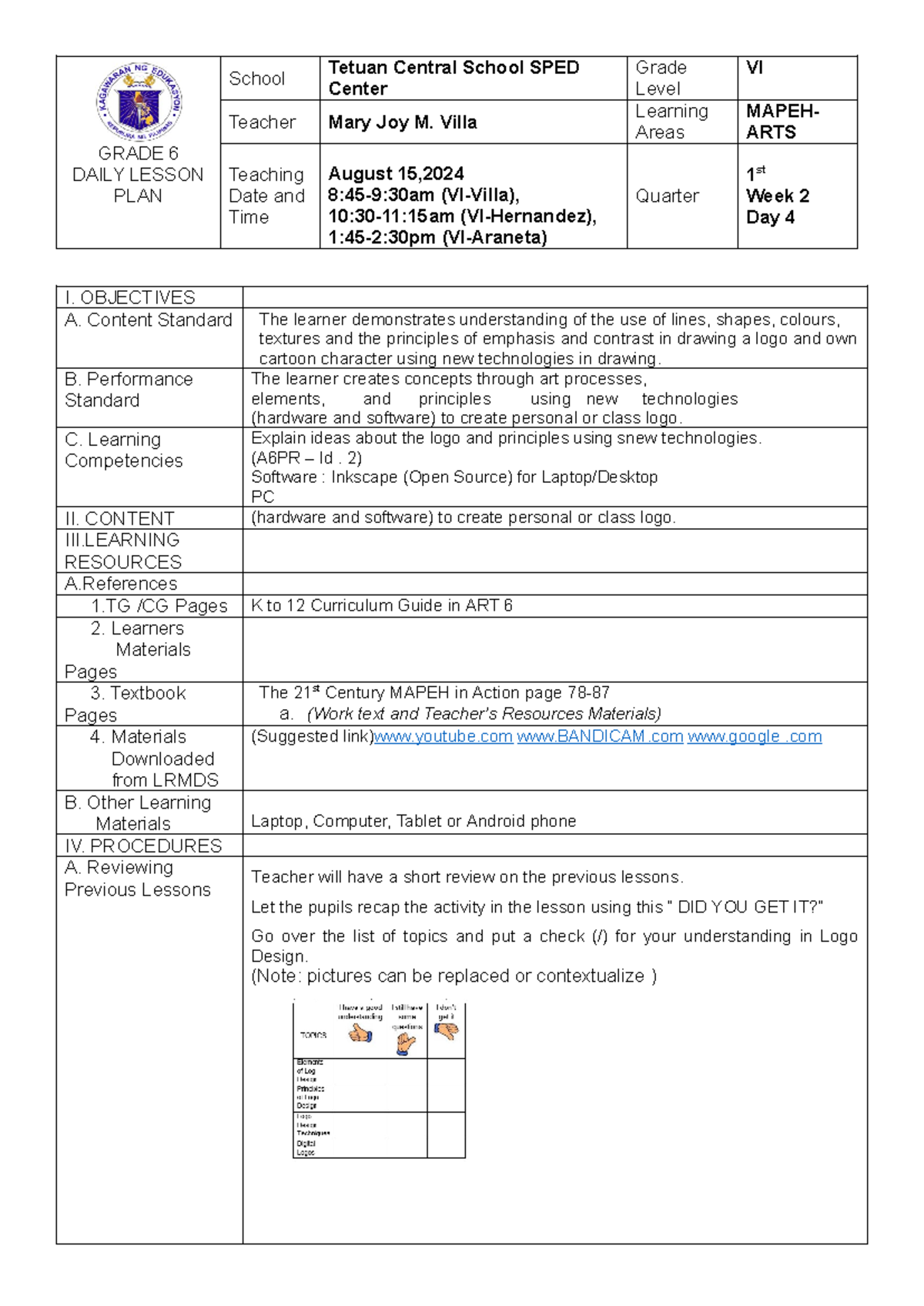 ARTS 6 DAY 4 - Detailed Lesson Plan - GRADE 6 DAILY LESSON PLAN School ...