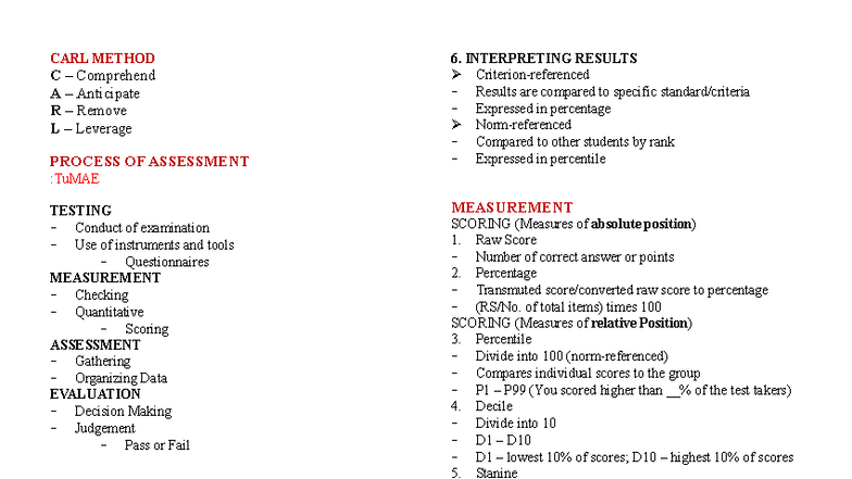 CARL METHOD C Assessment Process & Test Types Overview (EDU101) - Studocu