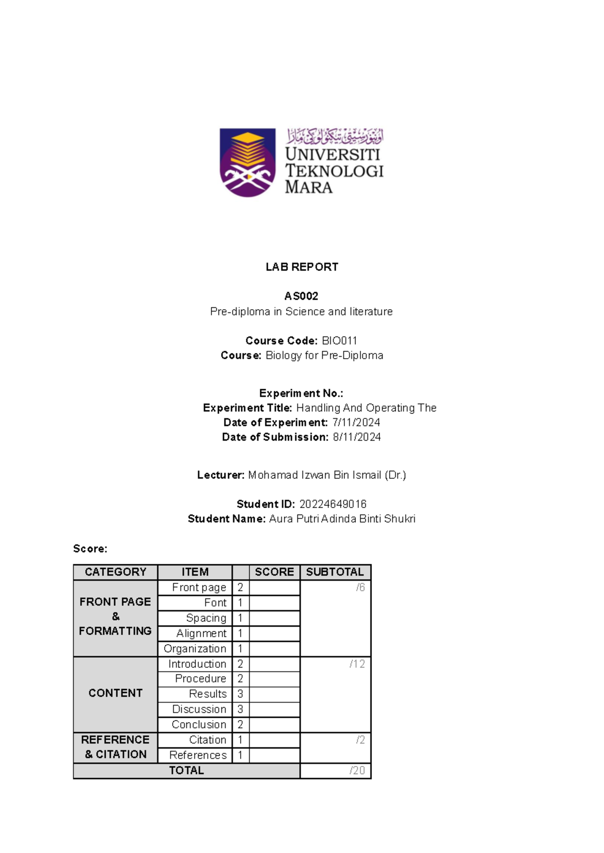 LAB Report biology - LAB REPORT AS Pre-diploma in Science and ...