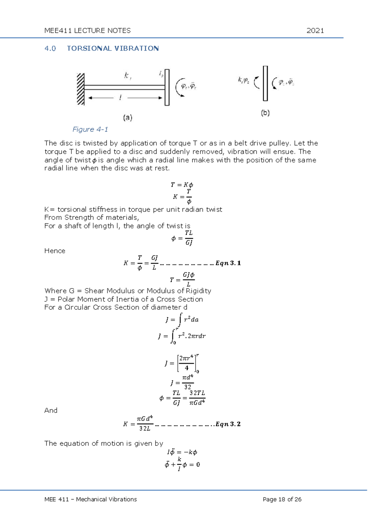 MEE411 LECTURE NOTES 2021: Torsional Vibration Analysis - Studocu