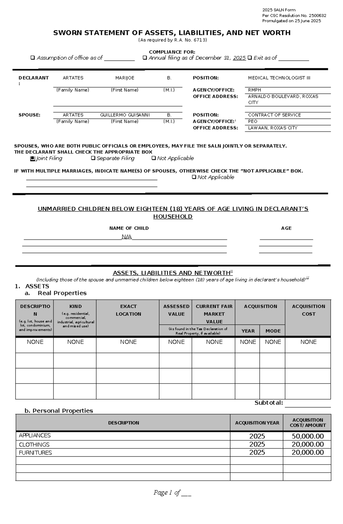 2025 SALN Form Compliance per CSC Res. No. 2500632 - Studocu