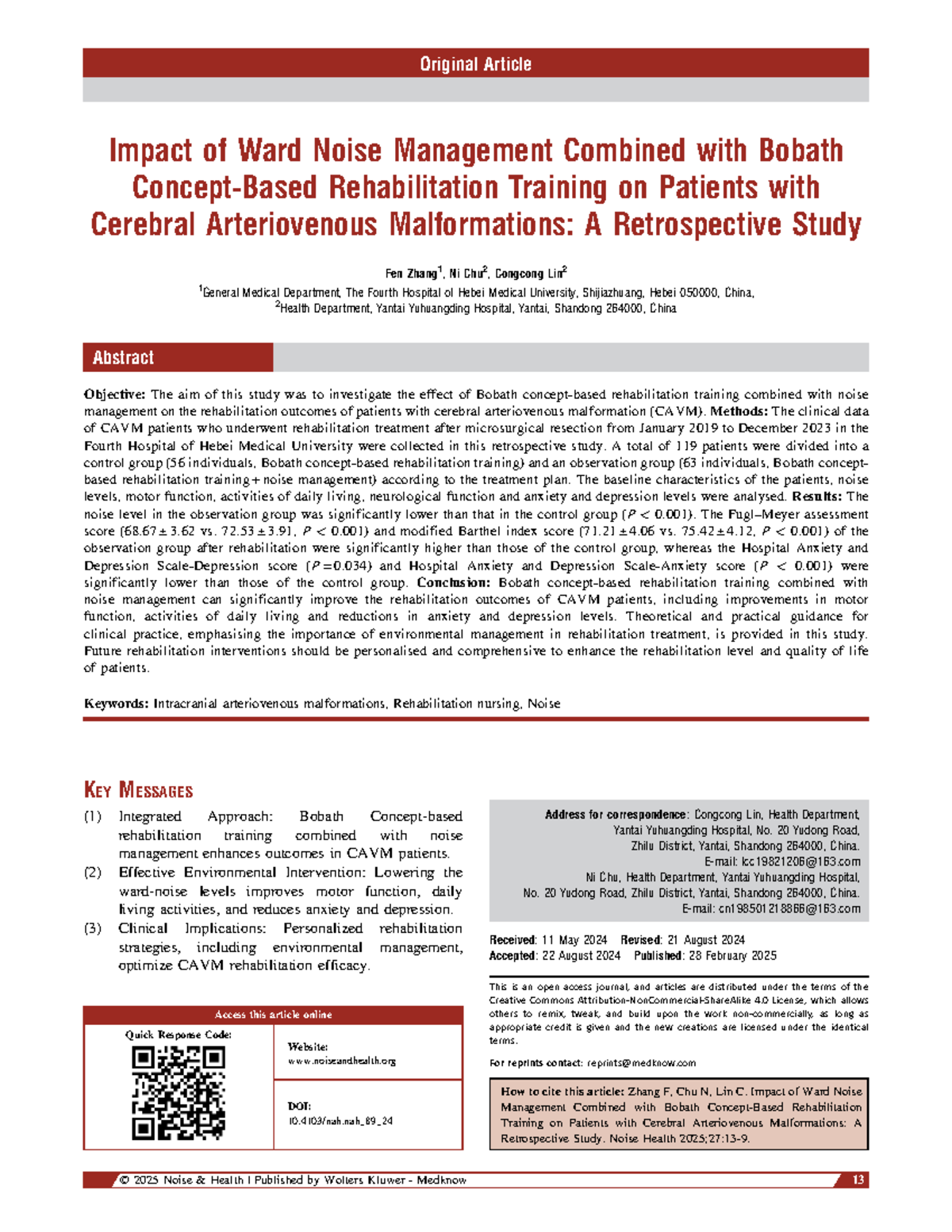 Impact of Noise Management and Bobath Training on CAVM Rehab Outcomes ...