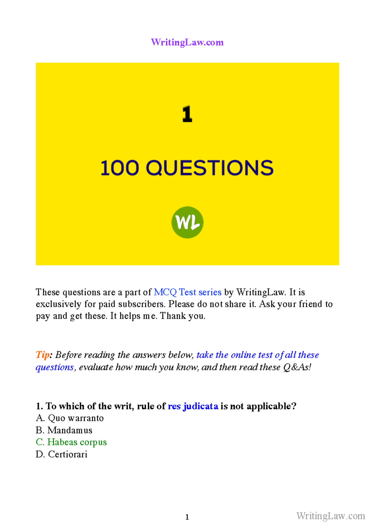 100 Multiple Choice Questions - WritingLaw These questions are a part ...