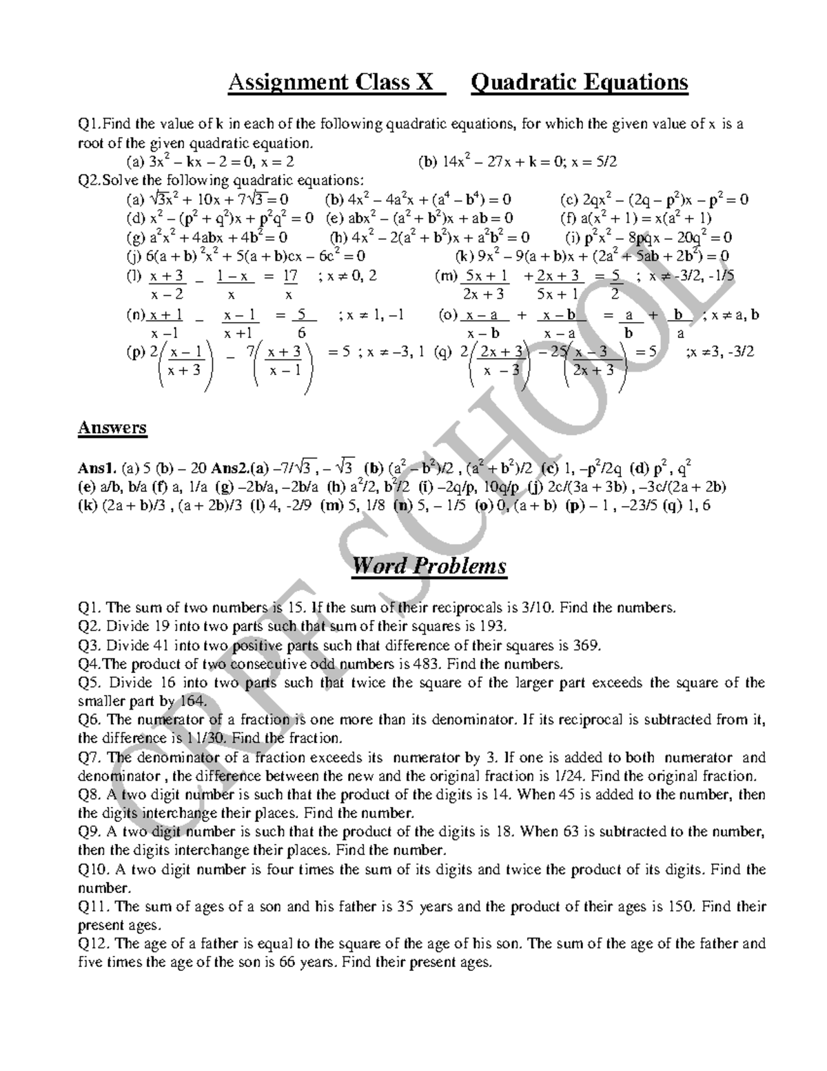 Class X Assignment: Quadratic Equations & Word Problems - Studocu