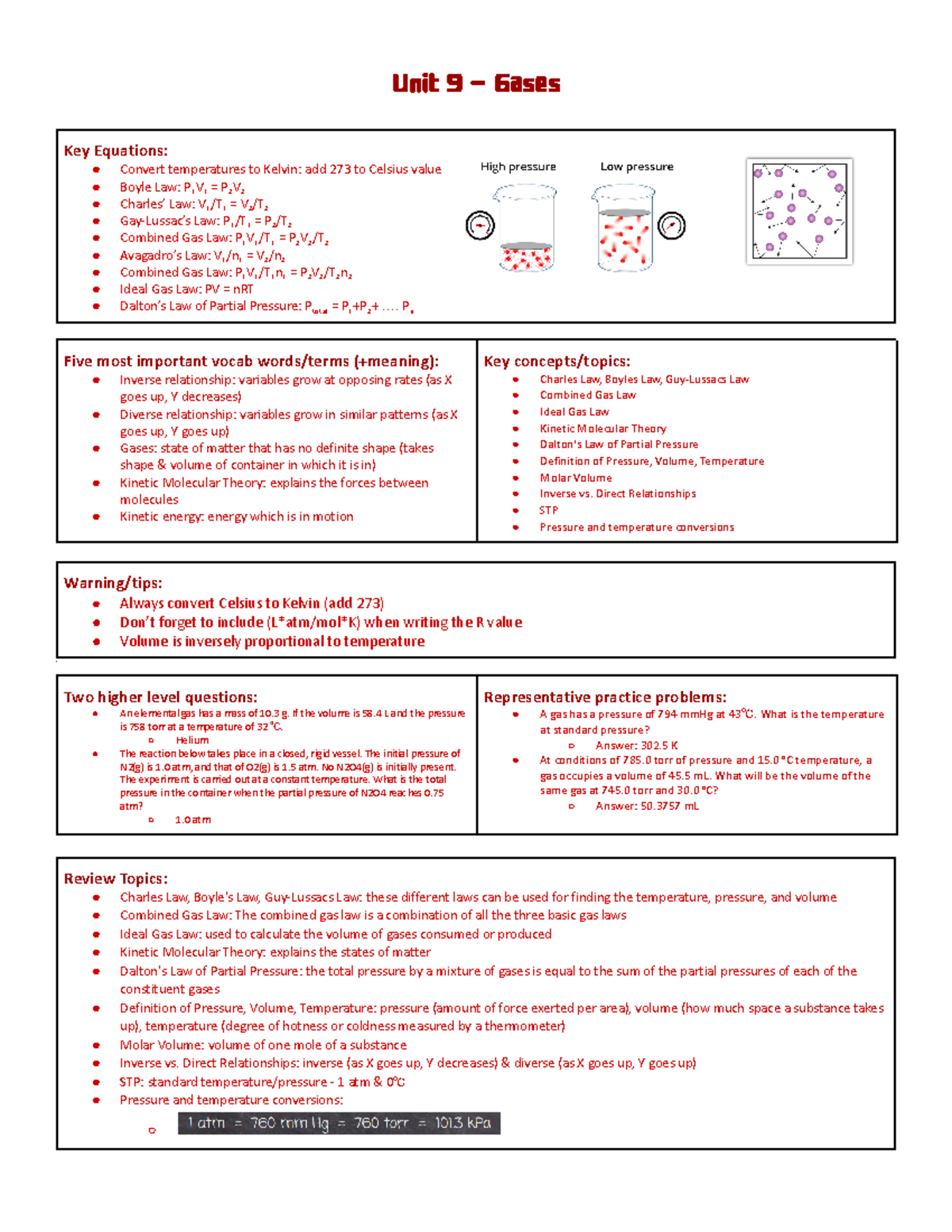 Unit 9 One Pager - unit 9 - Unit 9 - Gases Key Equations: Convert ...
