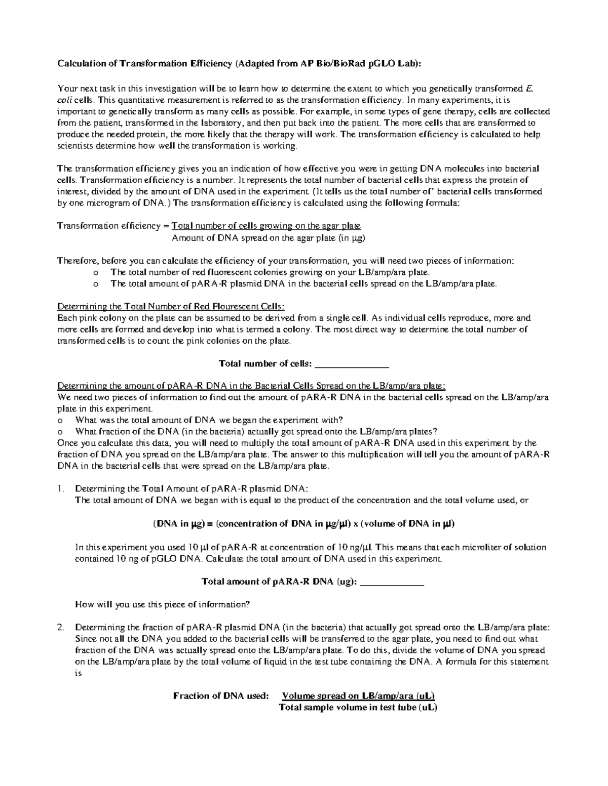 Lab 5: Transformation Efficiency Calculation Worksheet (AP pGLO) - Studocu
