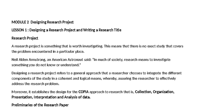 PR 1 Module 2: Designing a Research Project - Lesson 1 Overview - Studocu