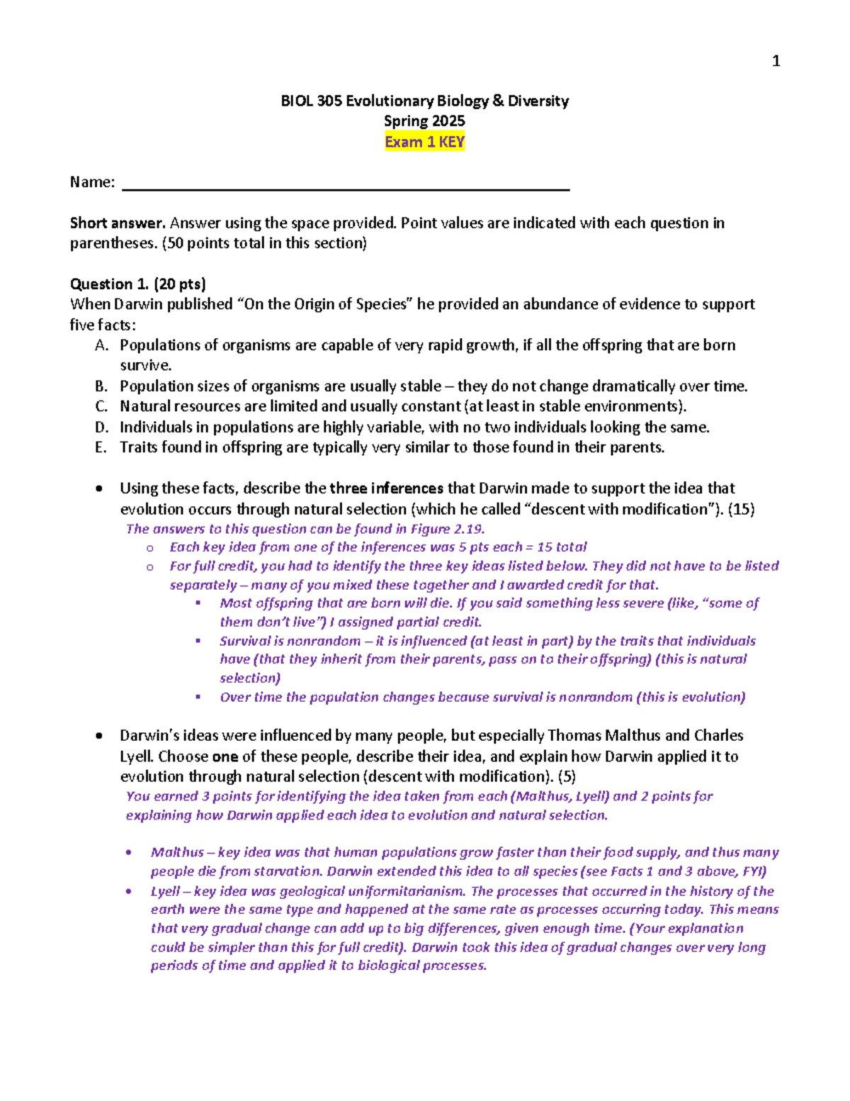 BIOL 305 Evolutionary Biology Exam 1 Answer Key - Spring 2025 - Studocu
