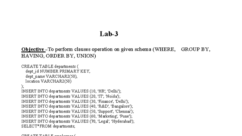 SQL Operations on Schema: WHERE, GROUP, HAVING, ORDER, UNION - Studocu