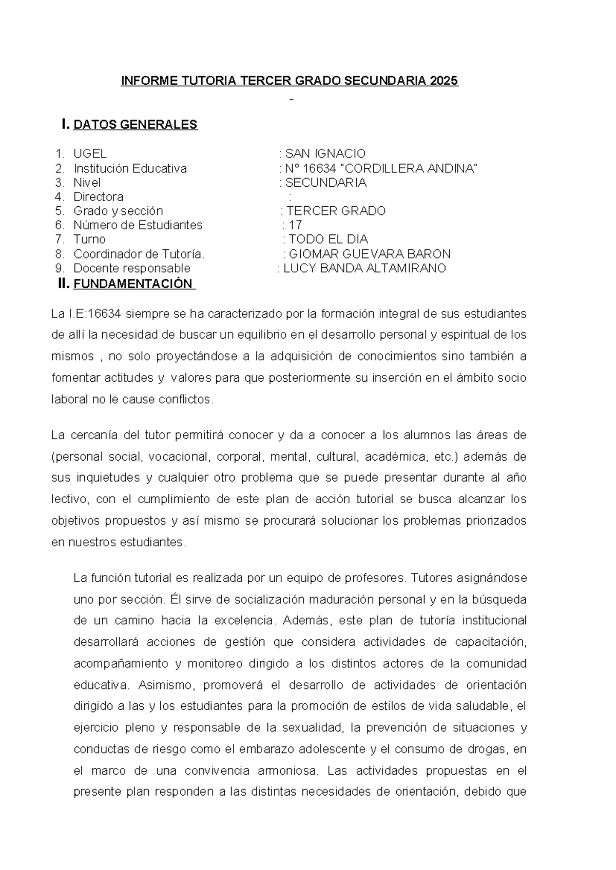 Informe de Tutoría Tercer Grado Secundaria 2025: Logros y Dificultades ...
