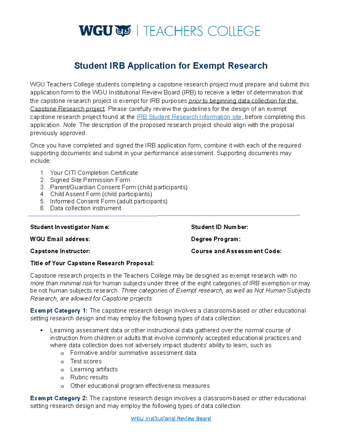 TC Student Capstone IRB Exempt Research Application Guide - Studocu