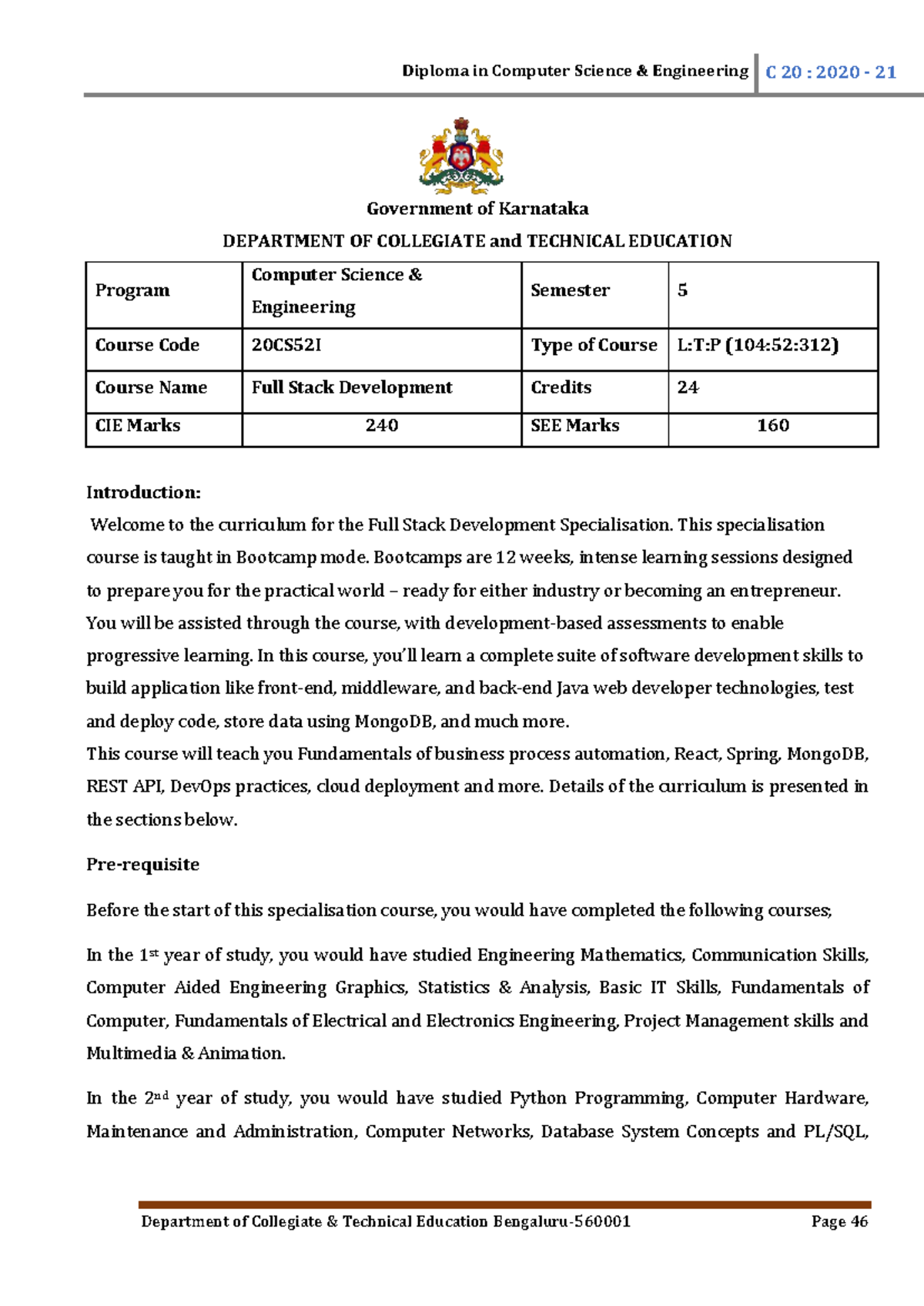 Full Stack Development Course Overview - C20 20CS52I - Studocu